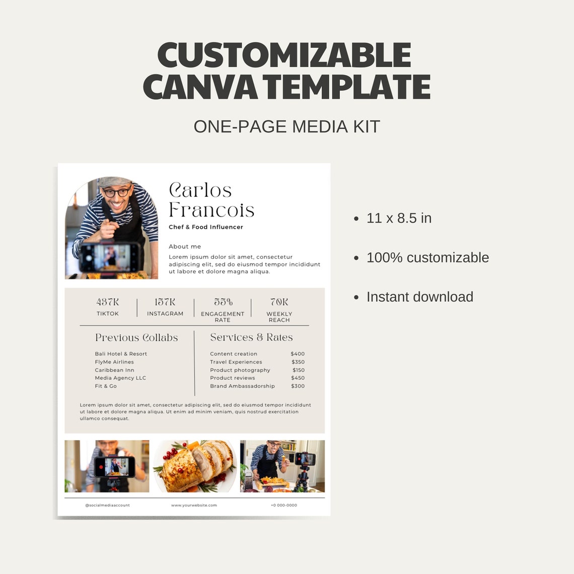 One Page Media Kit Template | Influencer Outreach | Instagram ...