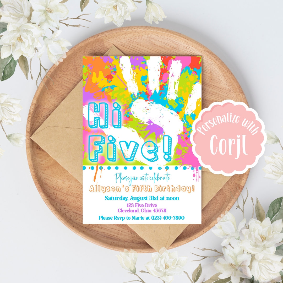 Editable Hi Five Paint Birthday Invitation - High Five *digital ...