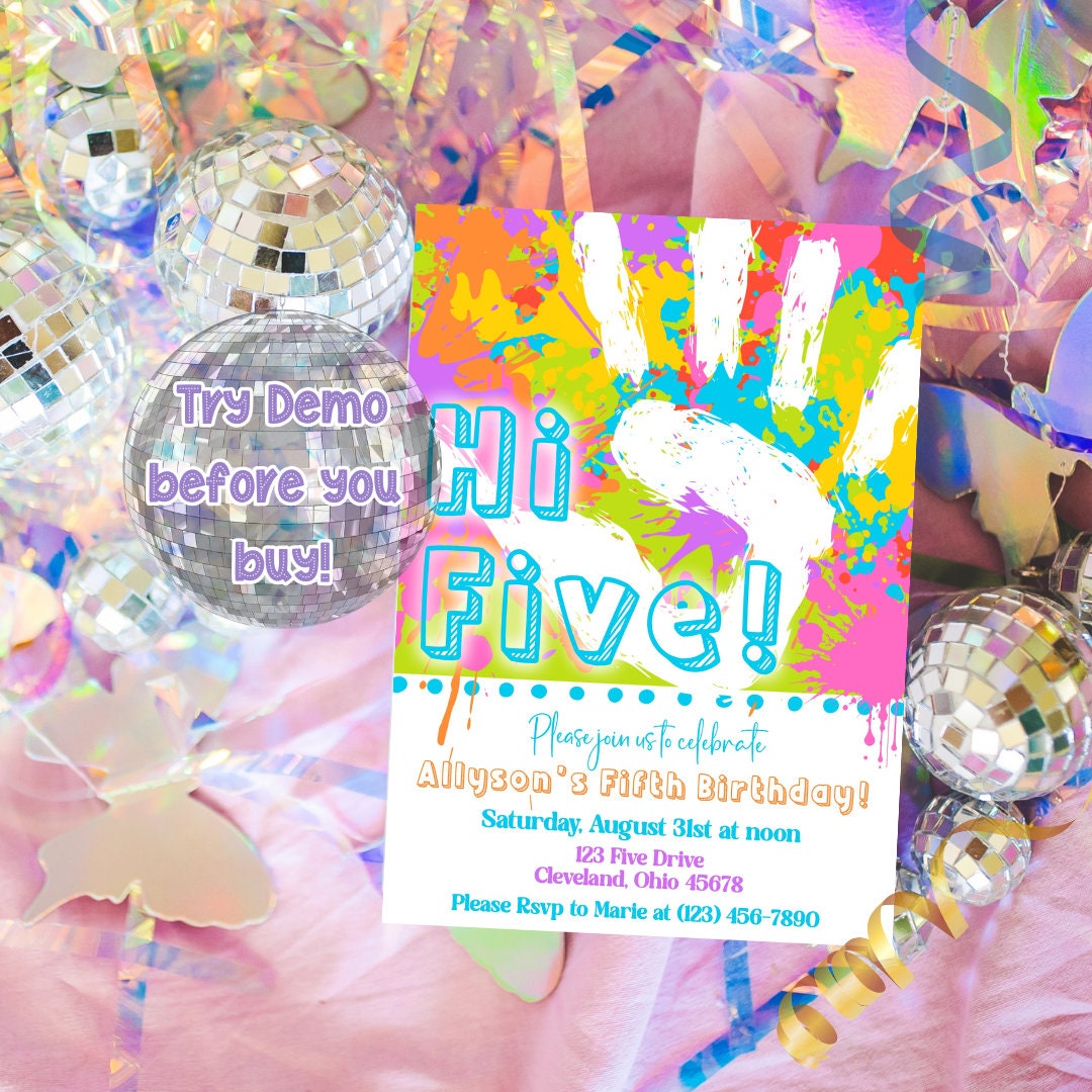 Editable Hi Five Paint Birthday Invitation - High Five *digital ...