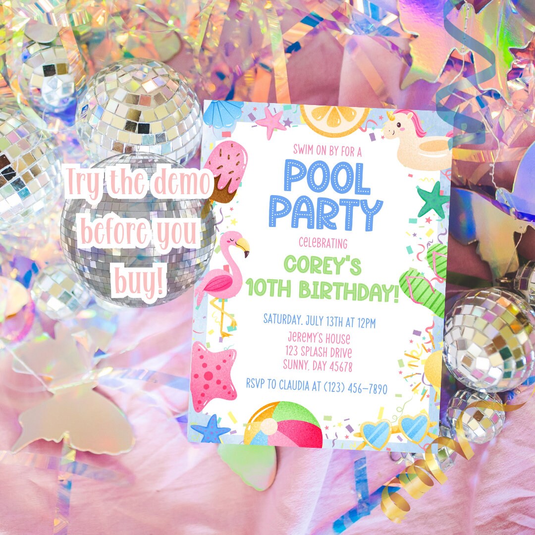 Editable Pool Party Birthday Invitation - Swimming *digital Download ...