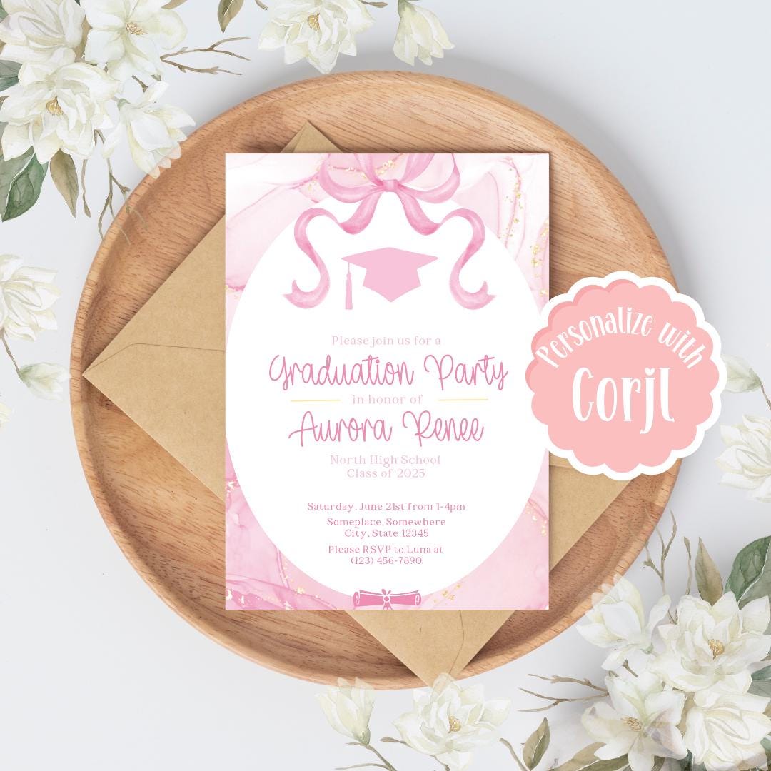 Editable Pink Bow Graduation Invitation - Pink and Yellow Marble ...
