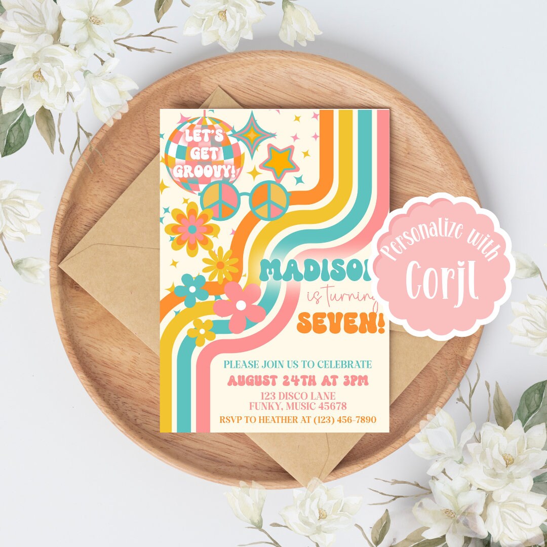 Editable Groovy Rainbow Birthday Invitation - Retro & Funky *digital ...