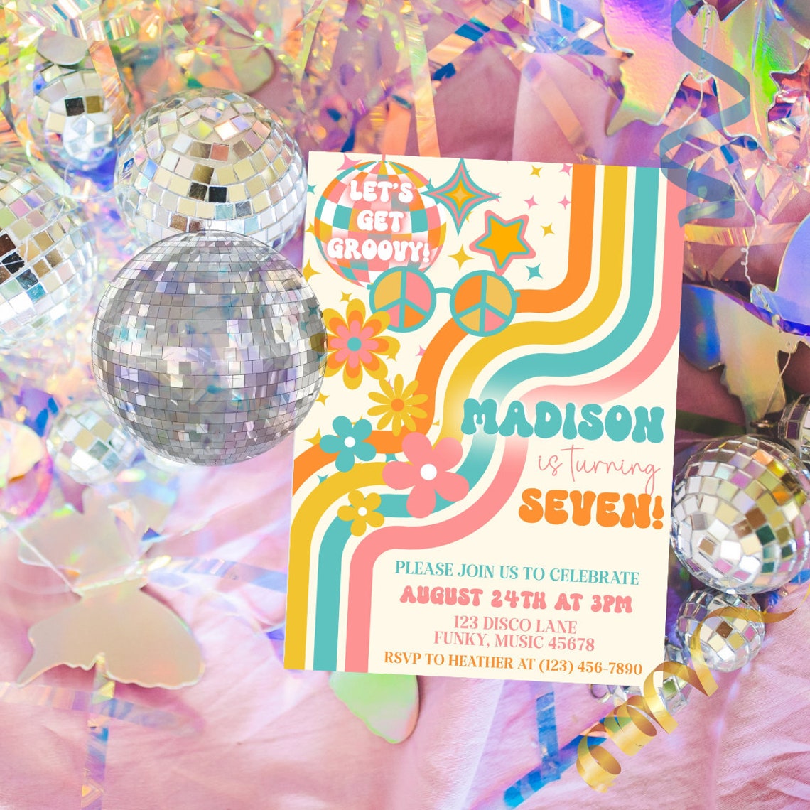 Editable Groovy Rainbow Birthday Invitation Retro & Funky digital ...