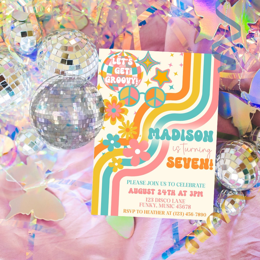 Editable Groovy Rainbow Birthday Invitation - Retro & Funky *digital ...
