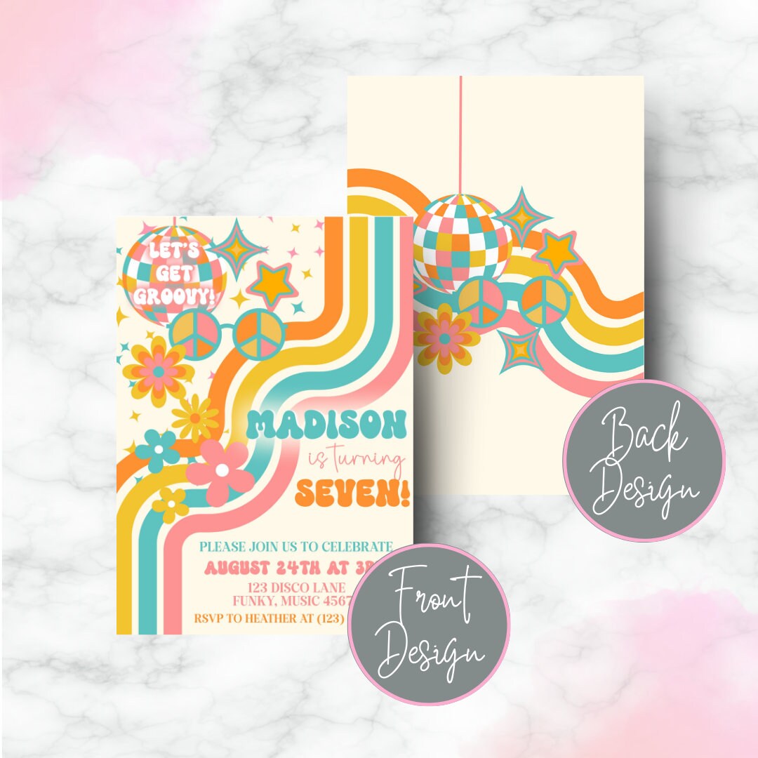 Editable Groovy Rainbow Birthday Invitation - Retro & Funky *digital ...
