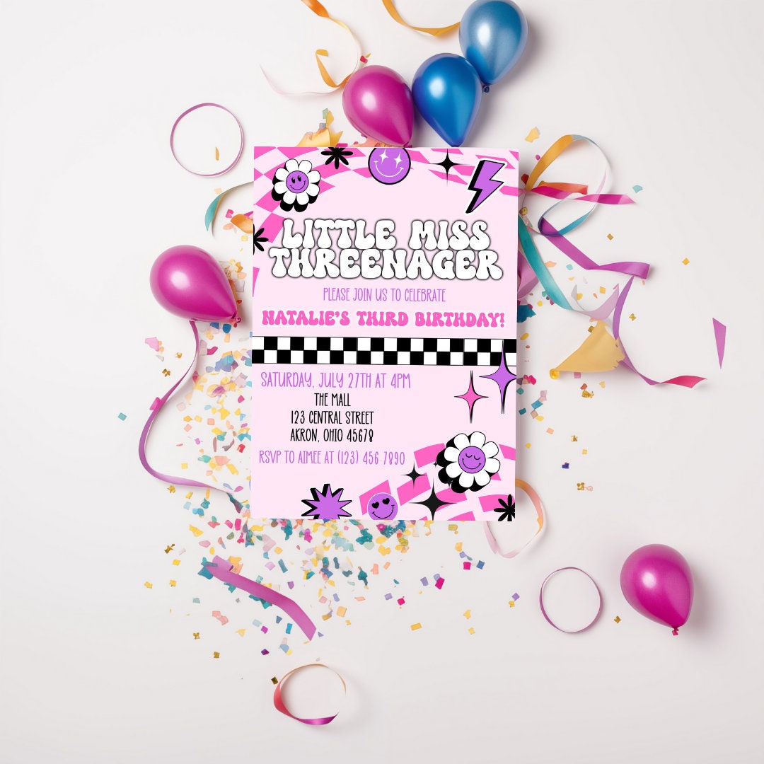 Editable Threenager Birthday Invitation: Happy Smile Punk (digital ...