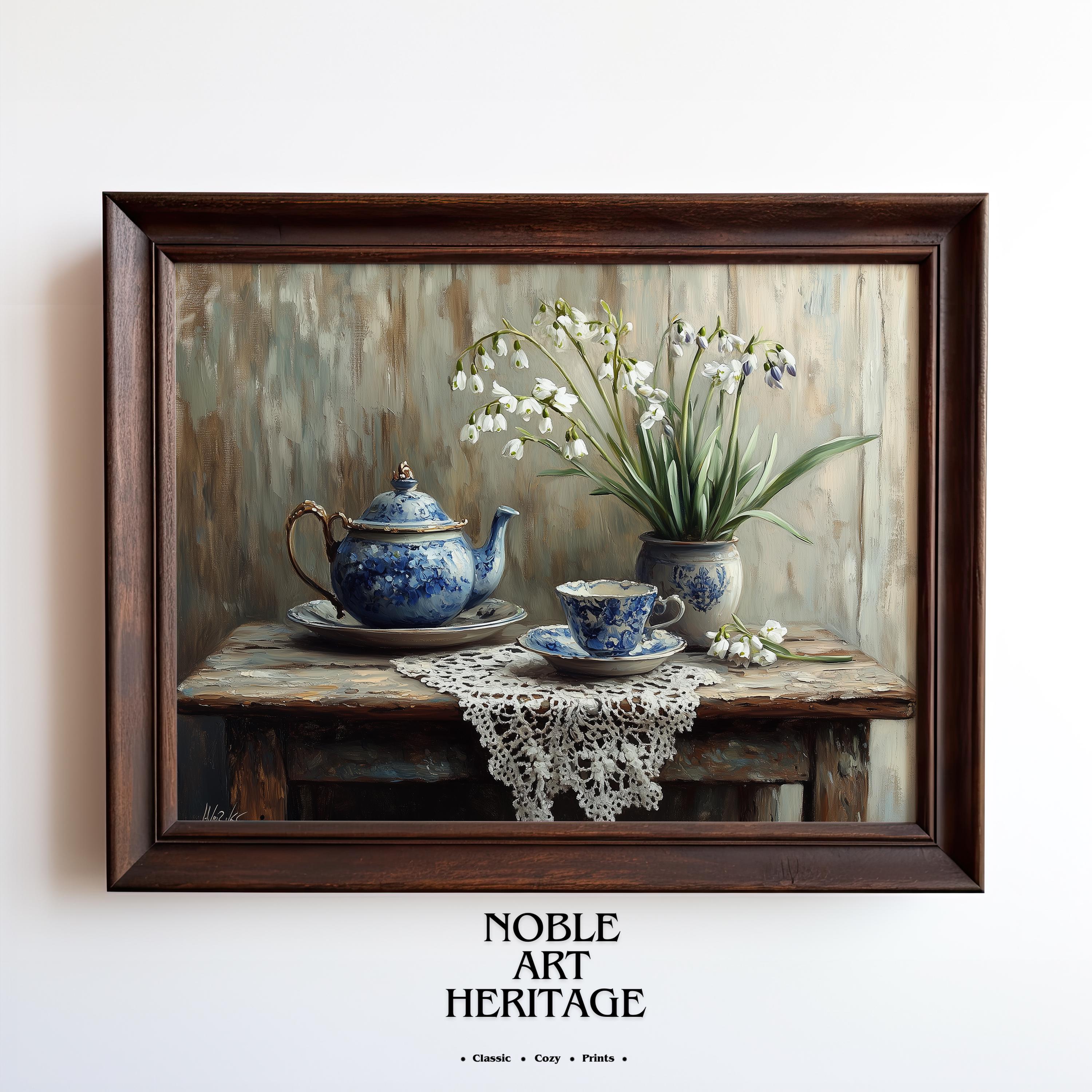 Printable Antique Tea Set Still Life - Vintage Elegant Oil Painting Art ...