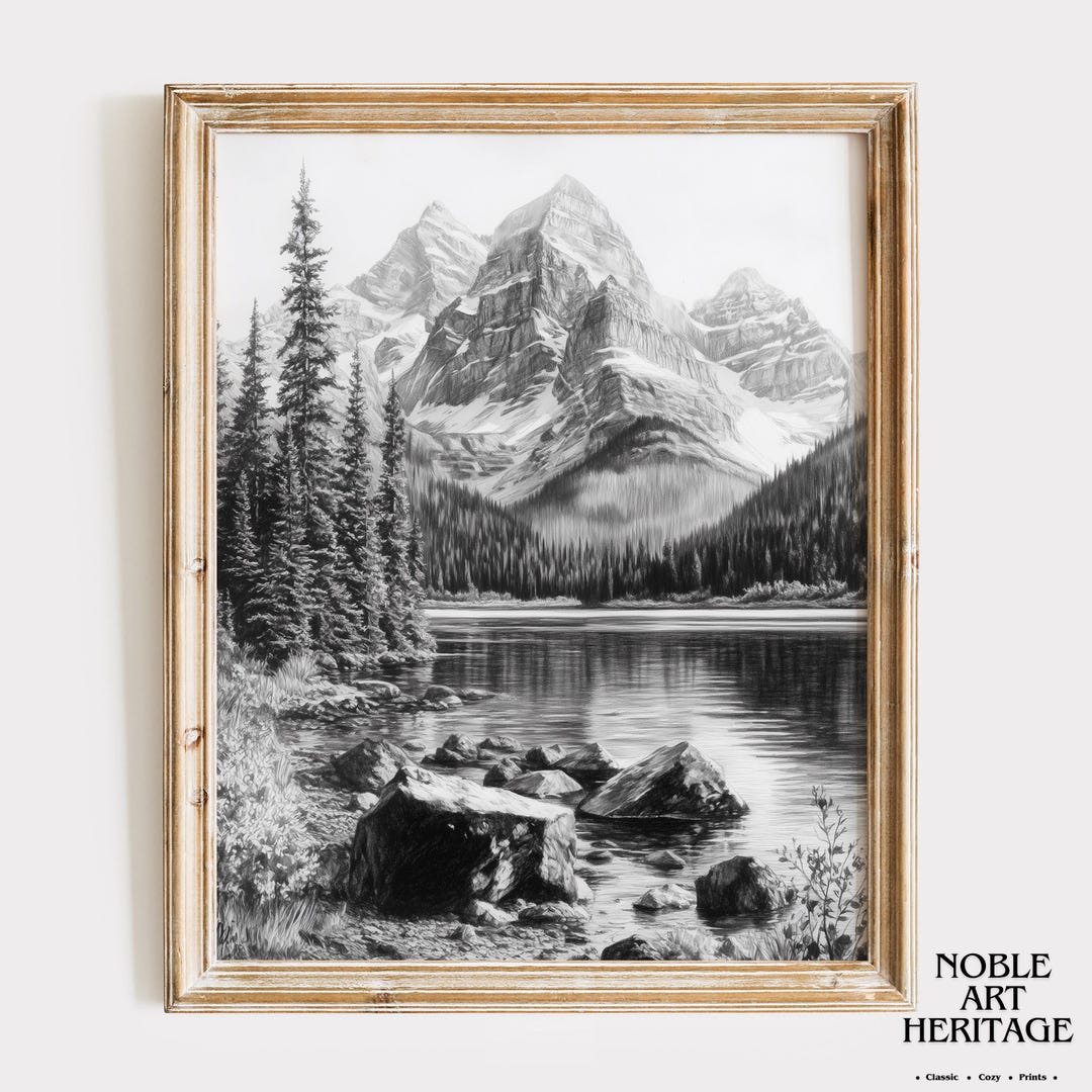 Banff Mountains Pencil Drawing, Printable Scenic Mountain Art, Rustic ...