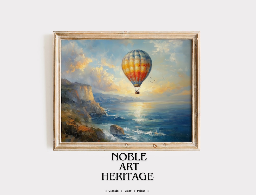 Printable Hot Air Balloon Over Sea - Classic Oil Painting Seascape ...