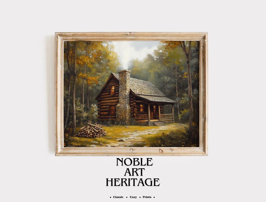 Vintage Log Cabin Oil Painting – Rustic Autumn Landscape (printable ...