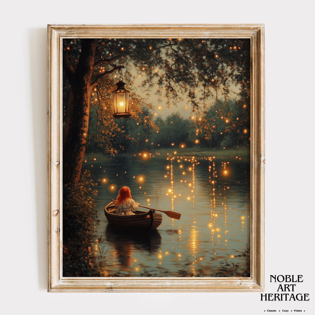 Cottagecore River Lantern Boat Print: Fireflies, Autumn Landscape ...