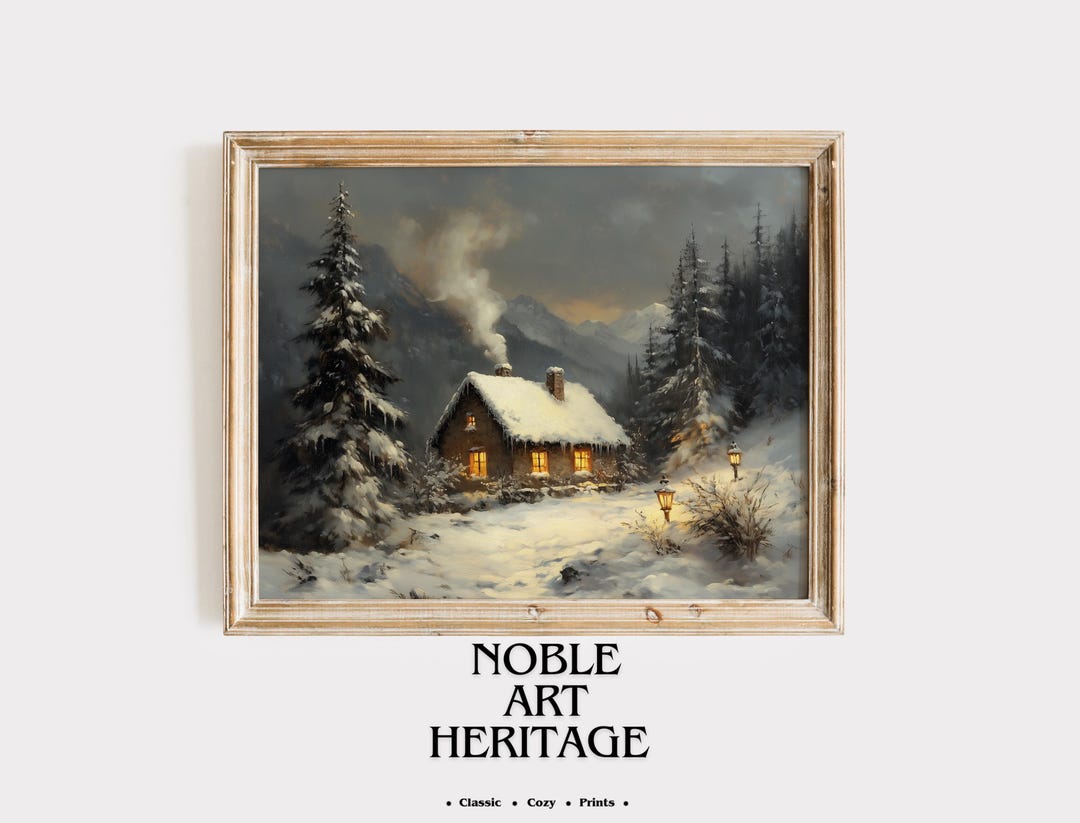 Rustic Snowy Cottage at Night - Cozy Christmas Wall Art, Winter Scene ...