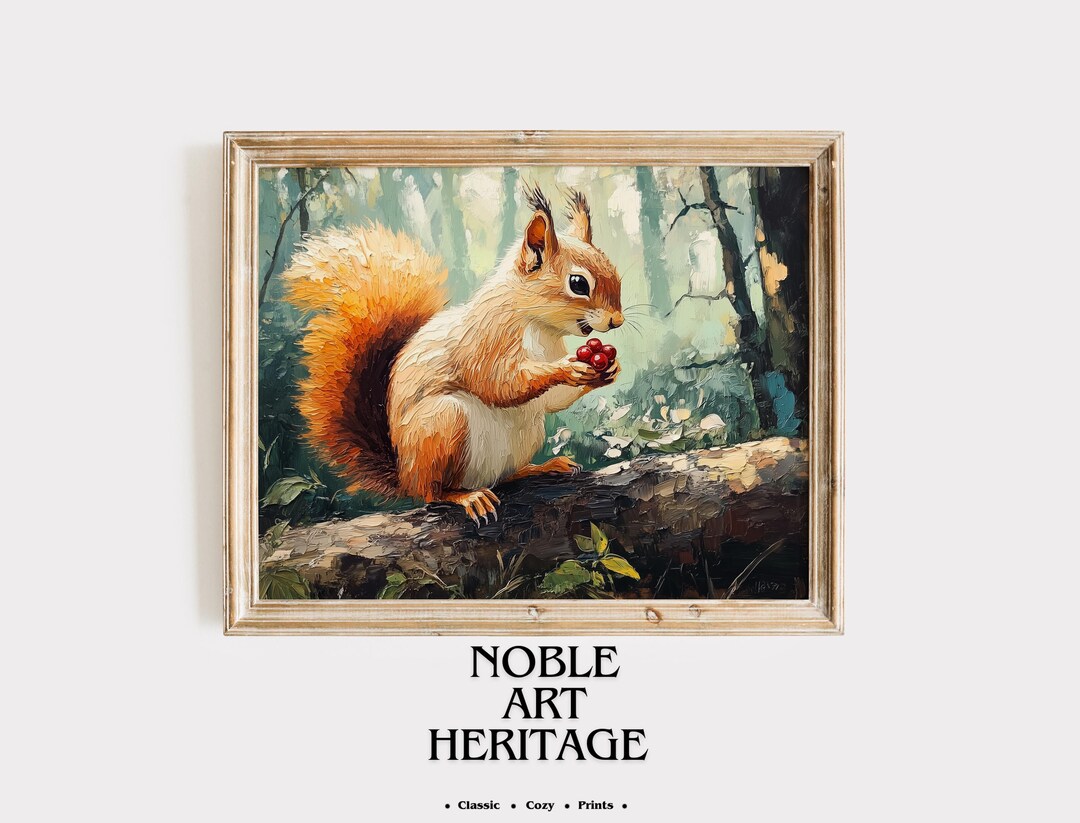 Red Squirrel Oil Painting – Vintage Forest Scene, Printable Wall Art ...