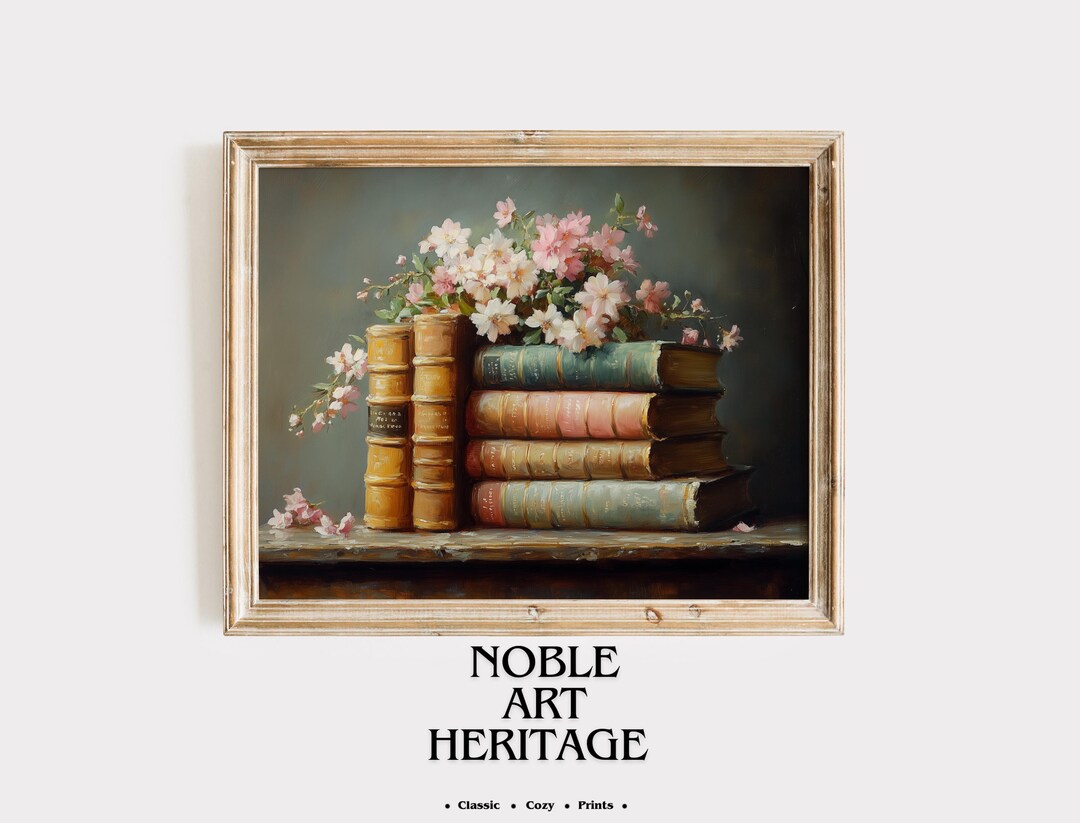 Vintage Book Stack With Flowers Art Print – Rustic Cottagecore Decor ...