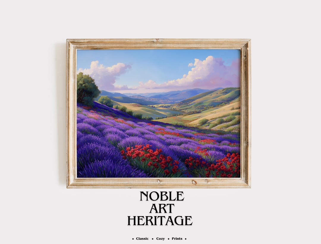 Lavender Poppy Field Landscape Print – Vintage Summer Wall Art (digital ...