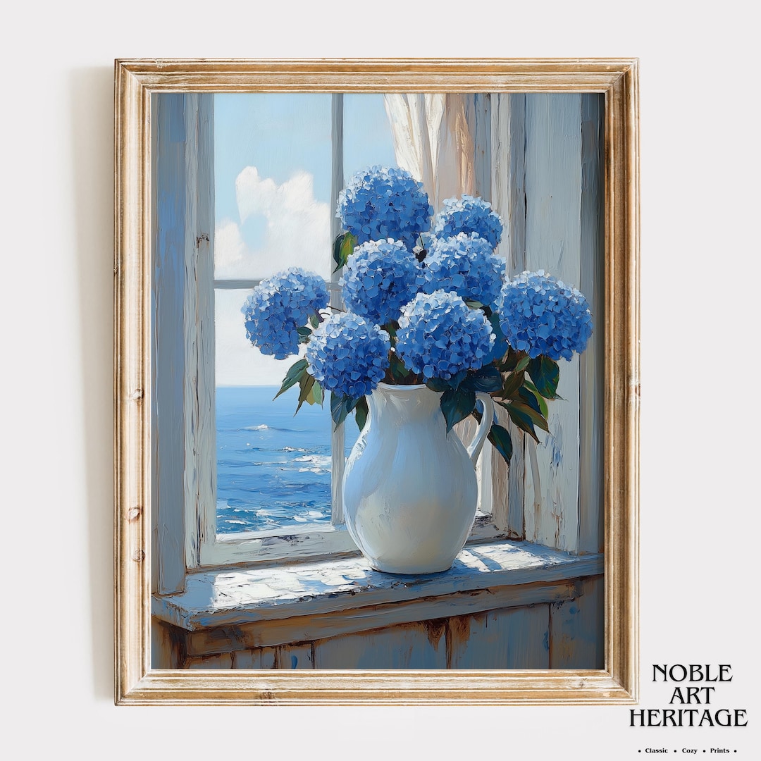 Blue Hydrangeas in Window - Printable Coastal Summer Oil Painting ...