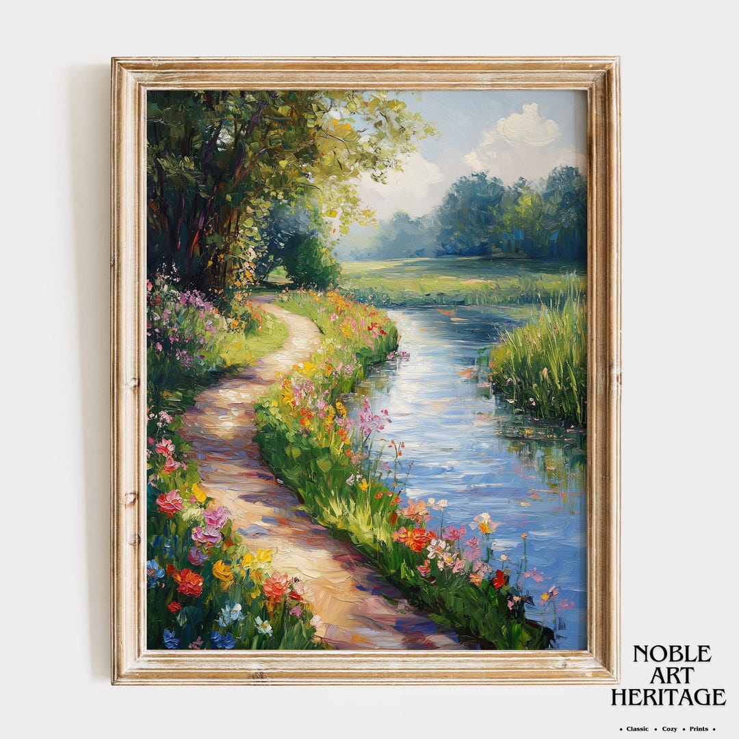 Printable Summer Garden Path Oil Painting - Scenic Path by Water ...