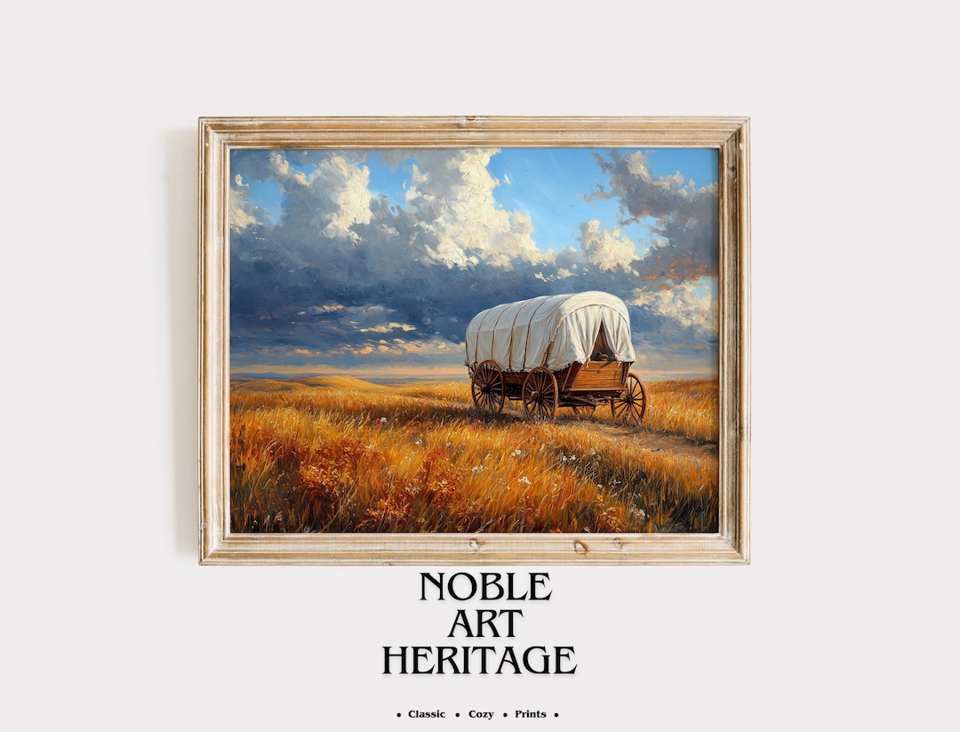 Vintage Prairie Covered Wagon Oil Painting – Rustic Landscape Art ...