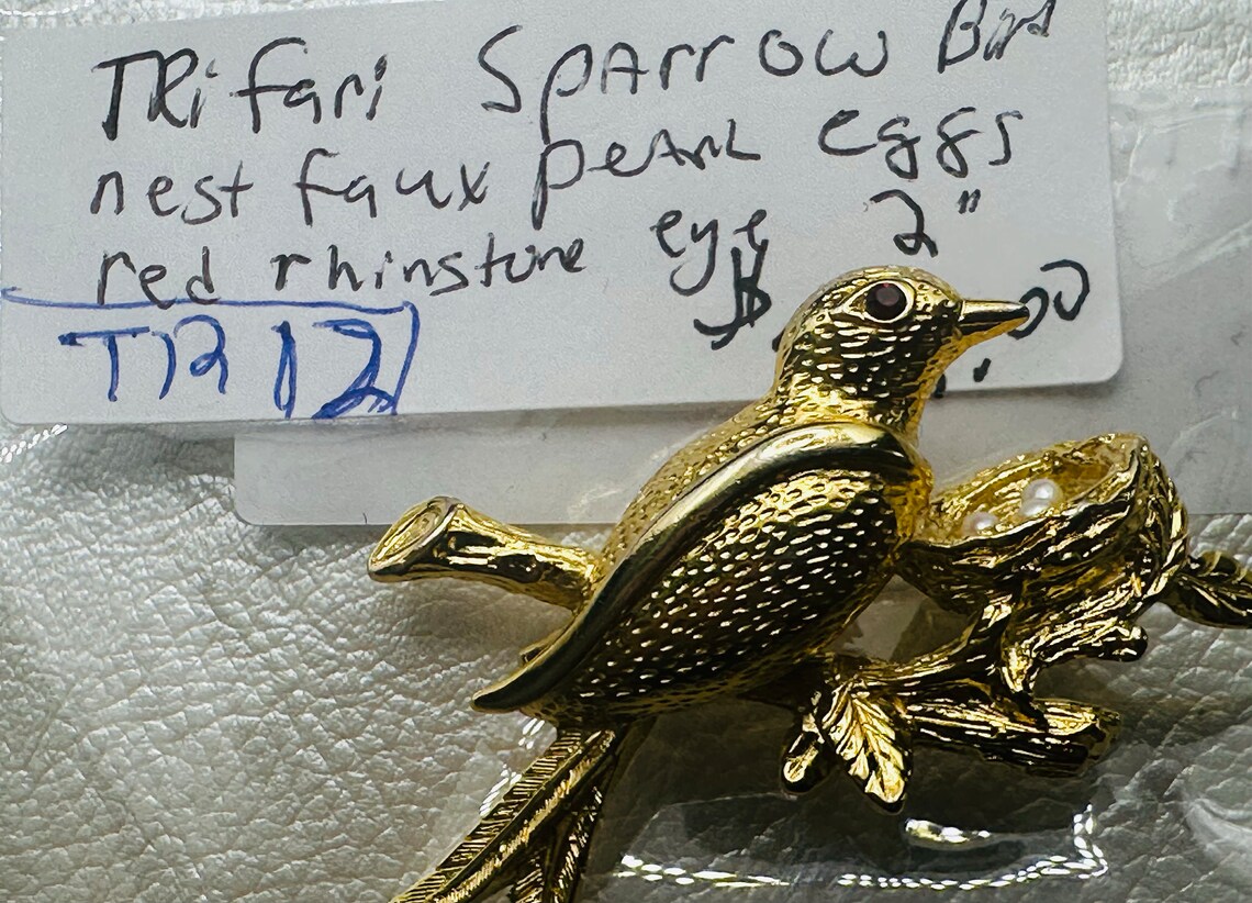 TRIFARI Sparrow Bird W/nest Faux Pearl Eggs Brooch Red Rhinestone Eye ...