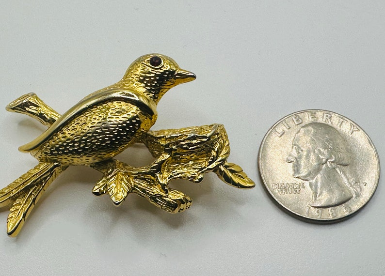 TRIFARI Sparrow Bird W/nest Faux Pearl Eggs Brooch Red Rhinestone Eye ...