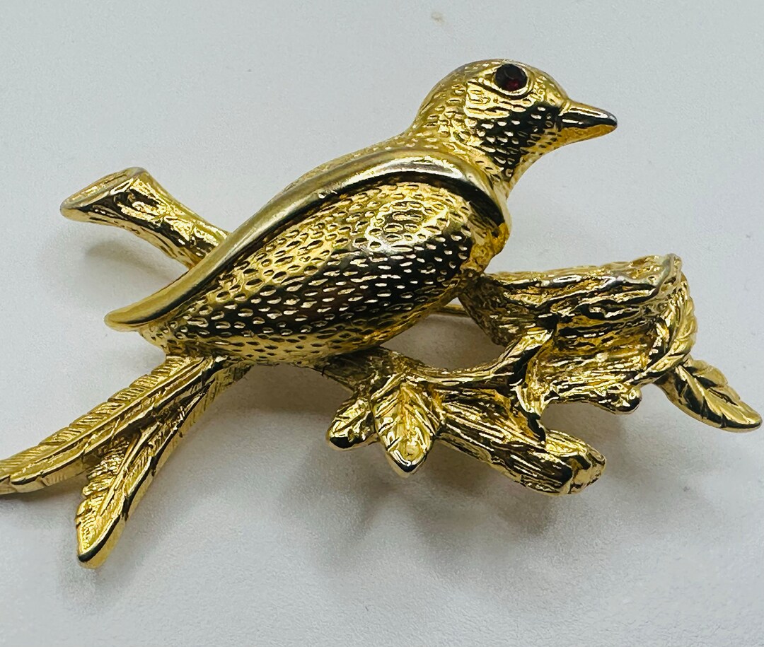 TRIFARI Sparrow Bird W/nest Faux Pearl Eggs Brooch Red Rhinestone Eye ...