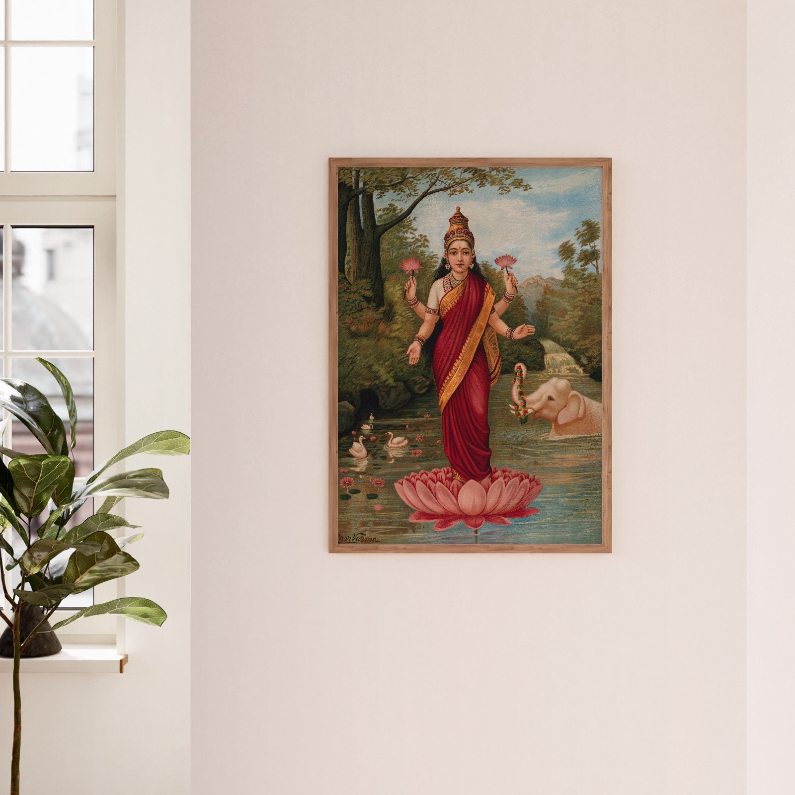 Lakshmi Raja Ravi Varma goddess of Wealth Indian Painting, Vintage ...