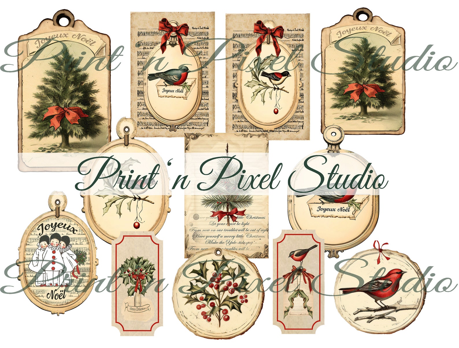 Vintage French Christmas - Add on - Small Size Tags and Cards for ...