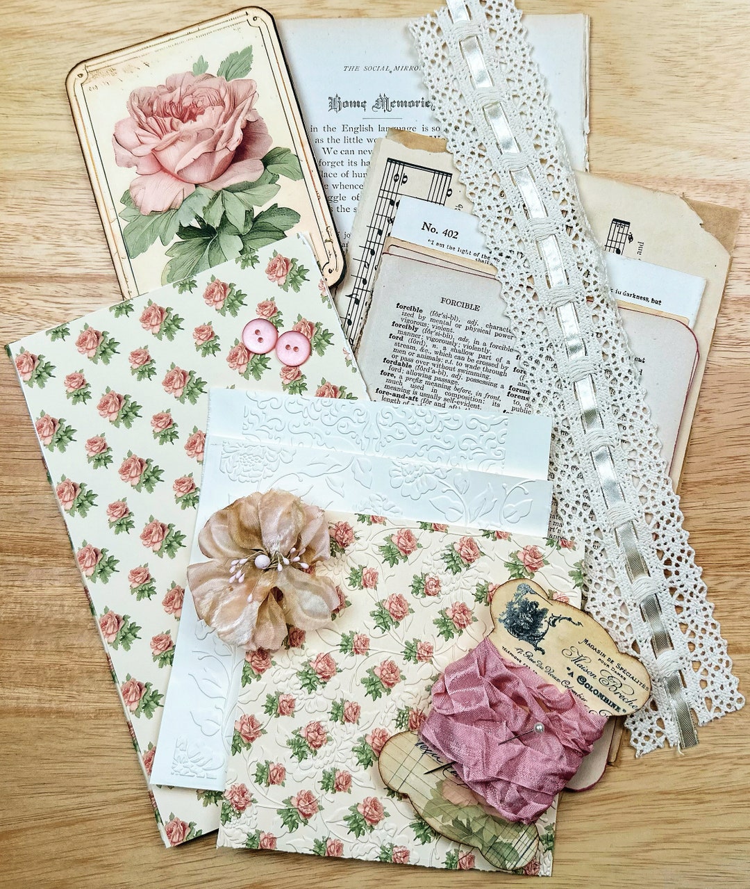Pink Rose 21 Piece Junk Journal Inspiration Kit, Vintage Book Pages ...