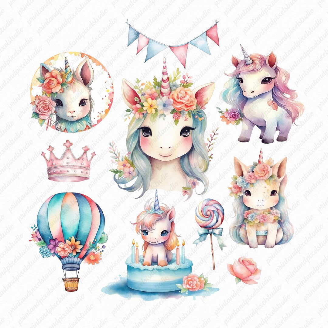 Watercolor Unicorn Clipart: Birthday Party Decorations (11 PNG Files ...
