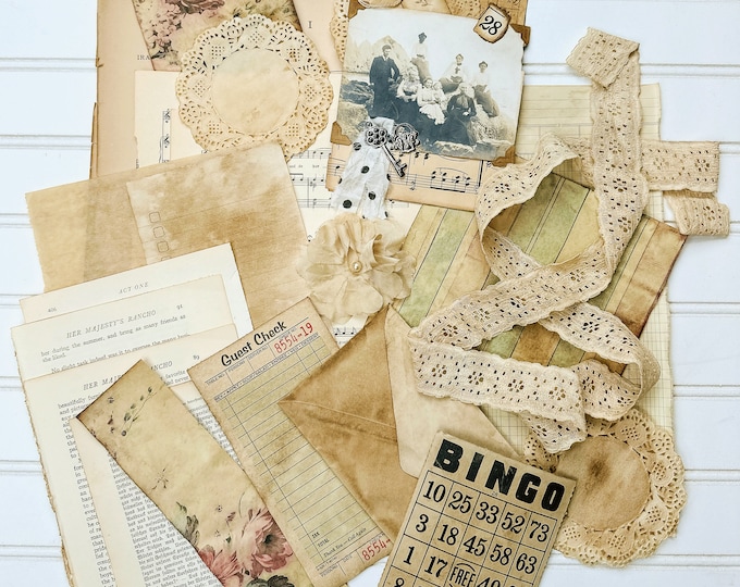 22 Piece Junk Journal Ephemera Pack, Grunge, Coffee Dyed Papers ...