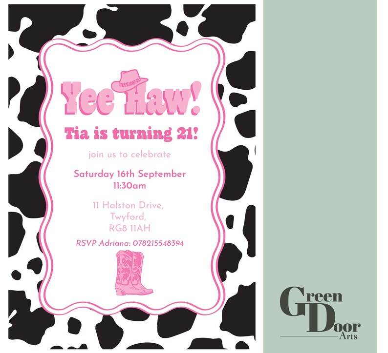 Yee-haw Cowgirl Birthday Invitation Customisable Pink Cow Print Cowboy ...