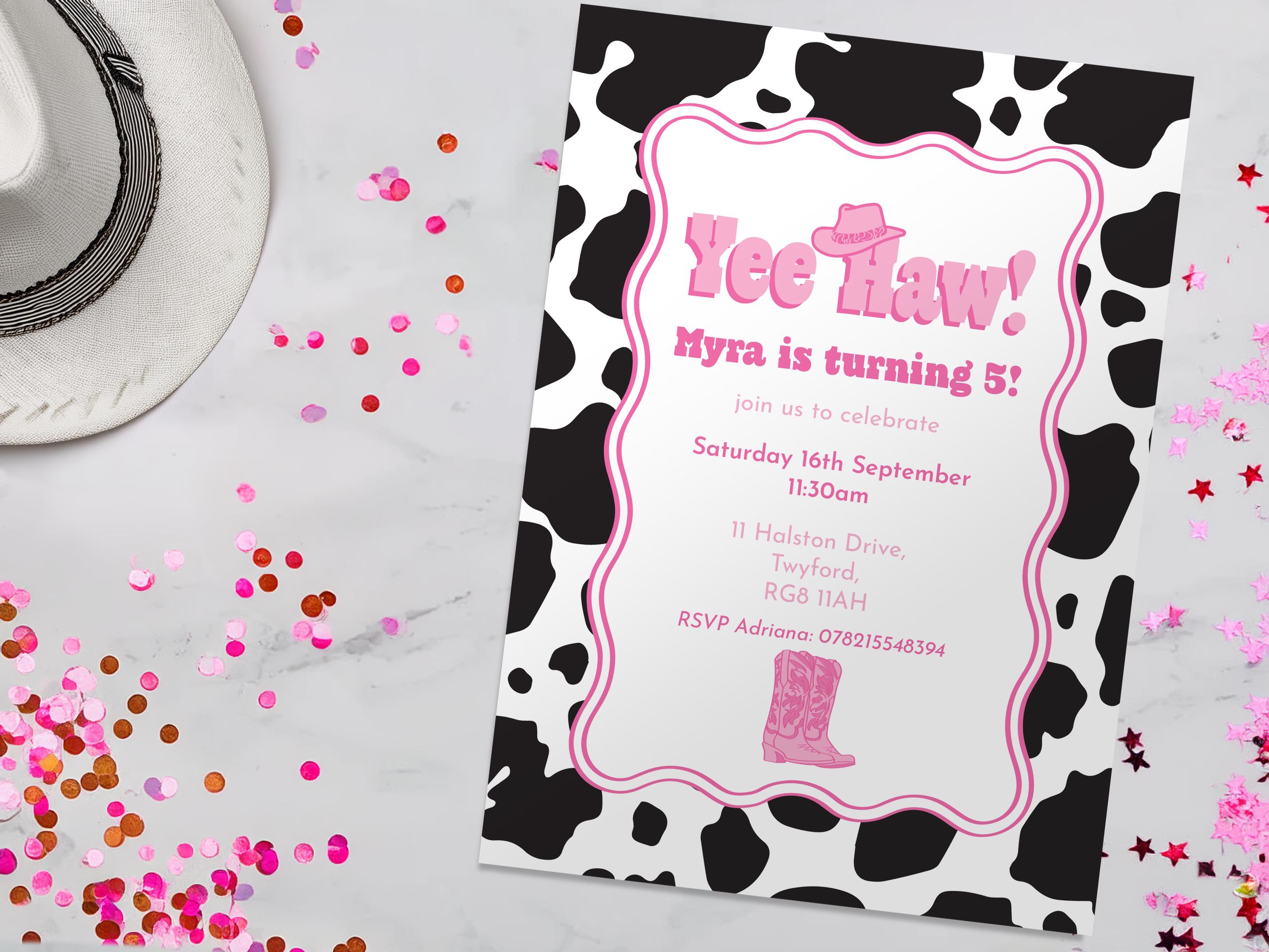 Yee-haw Cowgirl Birthday Invitation Customisable Pink Cow Print Cowboy ...