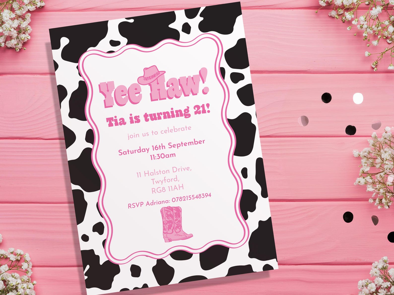 Yee-haw Cowgirl Birthday Invitation Customisable Pink Cow Print Cowboy ...