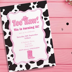 Yee-haw Cowgirl Birthday Invitation Customisable Pink Cow Print Cowboy ...