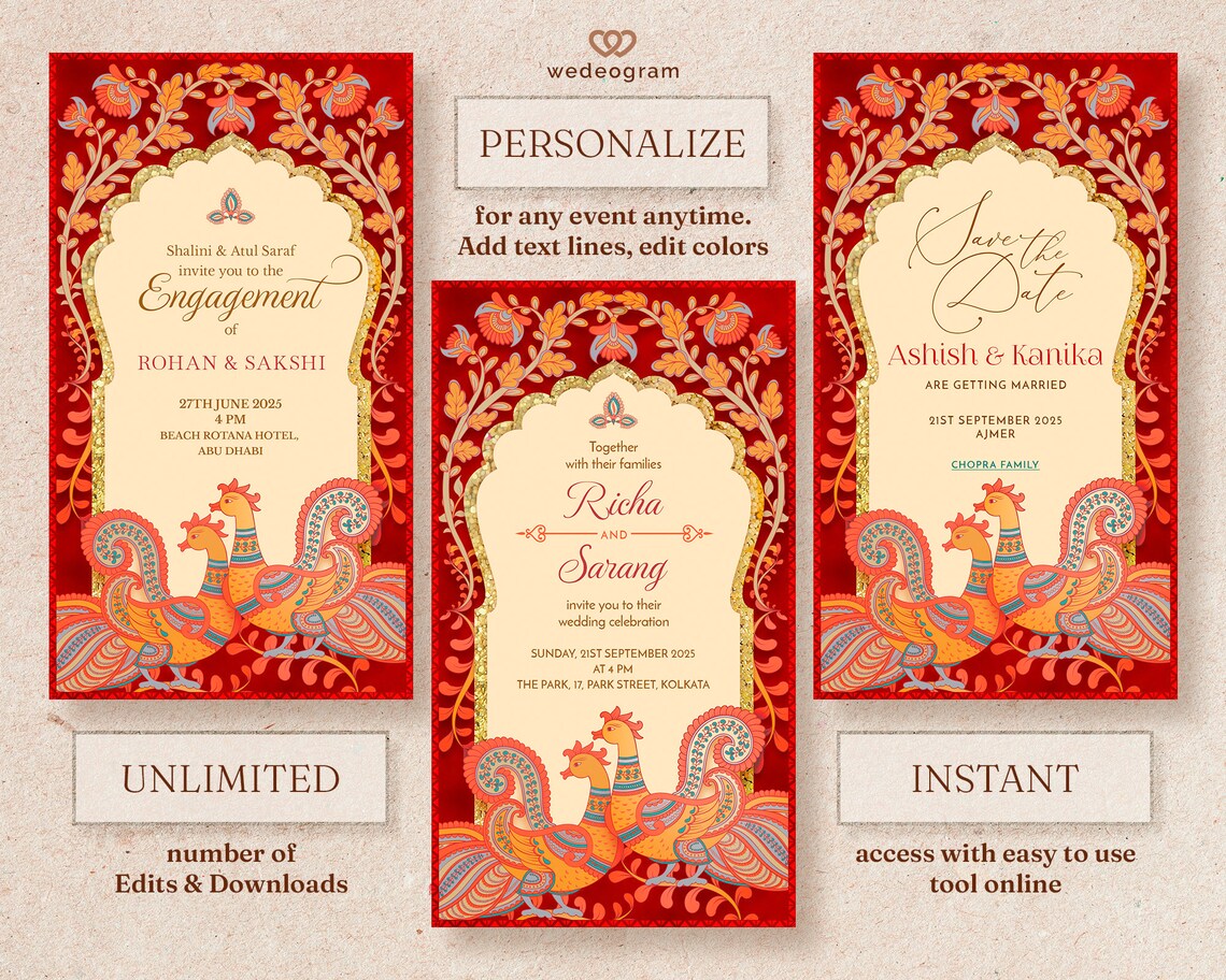 KALAMKARI Digital Indian Wedding Invitation Template, Editable Instant ...