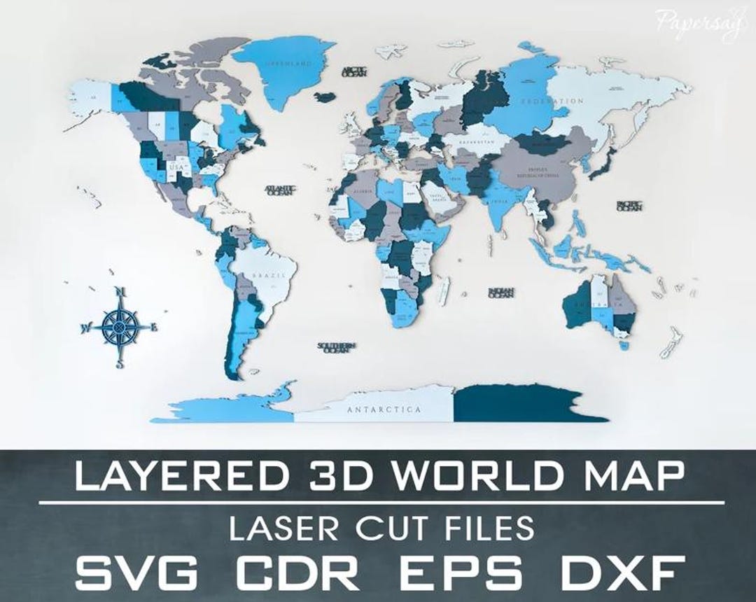 Map of the World, Laser Cut File, SVG, EPS, DXF, Cdr, Pdf, Multilayered ...