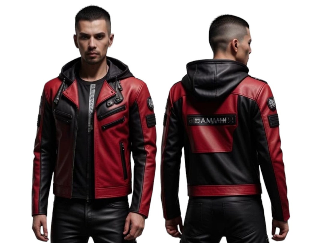 Red Futuristic Sci Fi Red Leather Jacket, Hooded Men Jacket, Futuristic ...