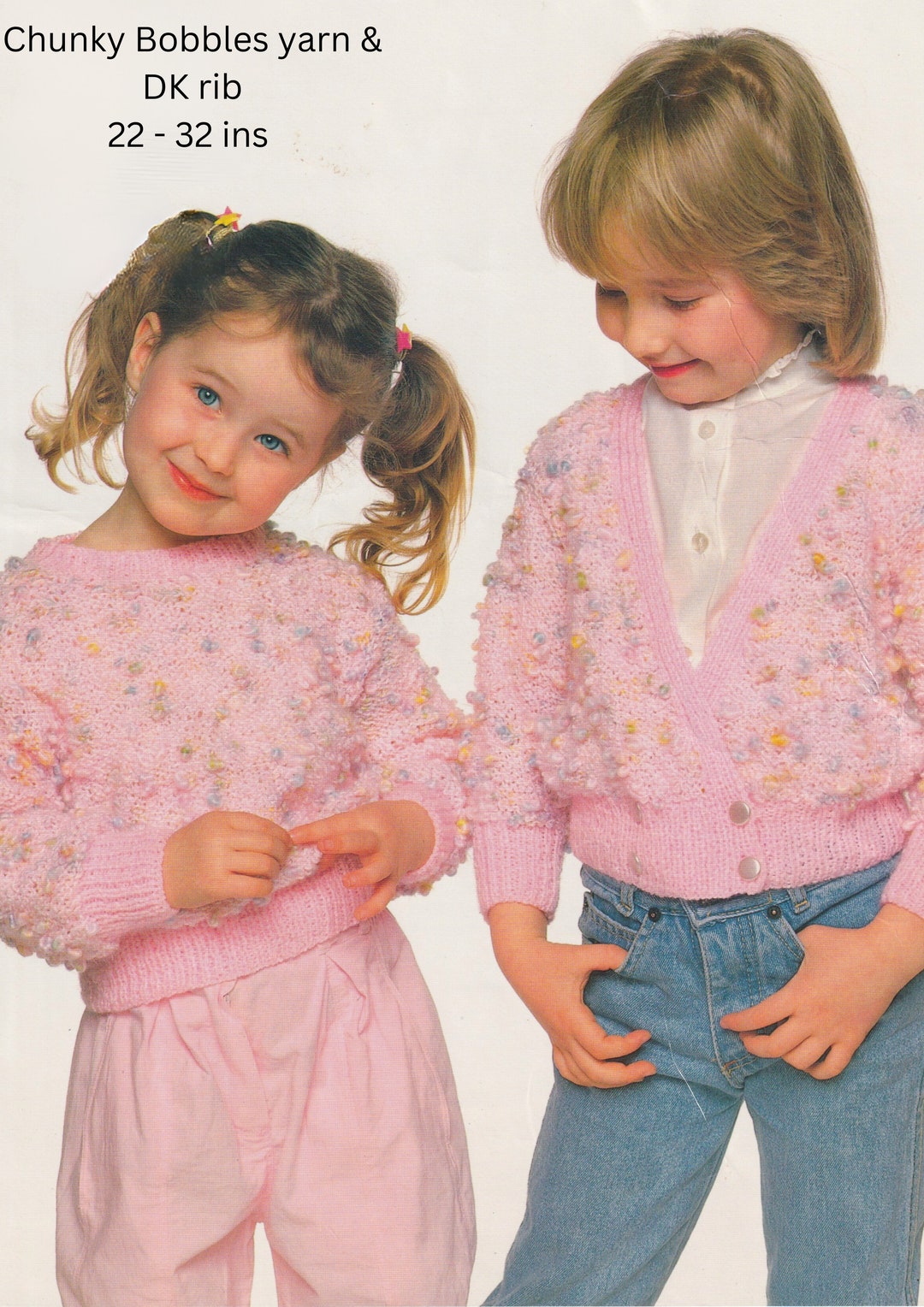 Girl's Cardigan & Jumper Knitting Pattern Chunky Bobble Yarn With DK ...