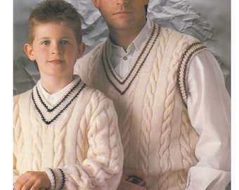 PDF Knitting Pattern Boys Mens Cable Cricket Sweater V Neck Jumper Tank ...
