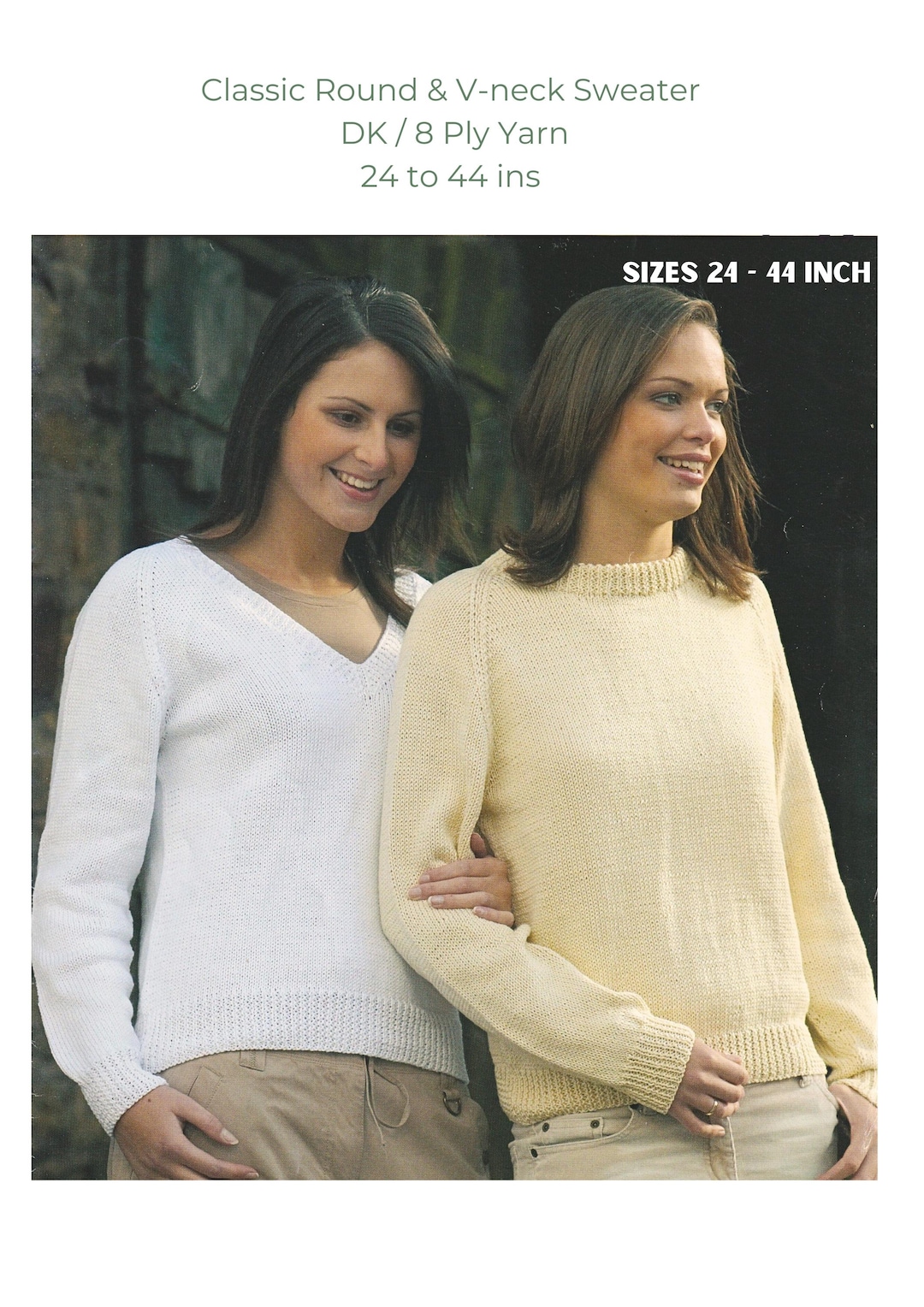 Classic Ladies Sweater Jumper Knitting Pattern Womens Plain V-neck and ...