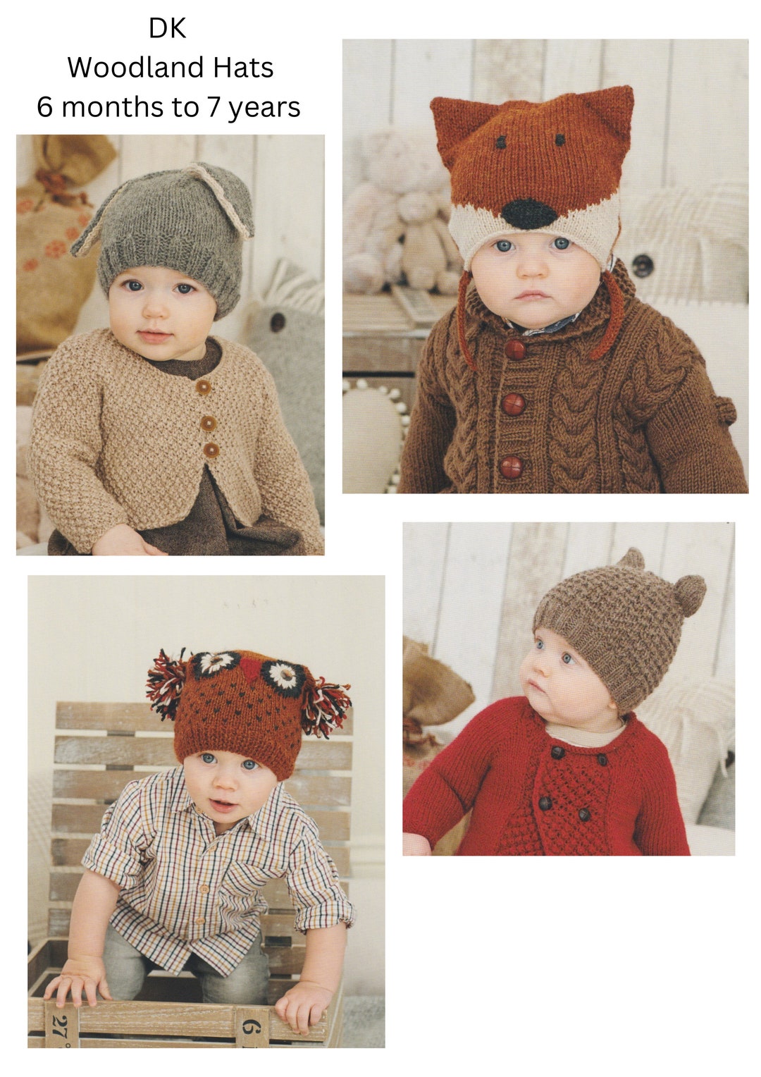 Baby & Child Hats Knitting Pattern DK Yarn, Owl, Rabbit, Fox, Ear Hats ...