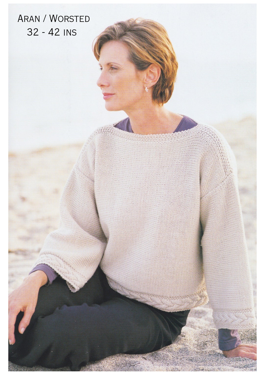 Ladies Sweater Knitting Pattern With Slash Neck Knitted Sideways Aran ...