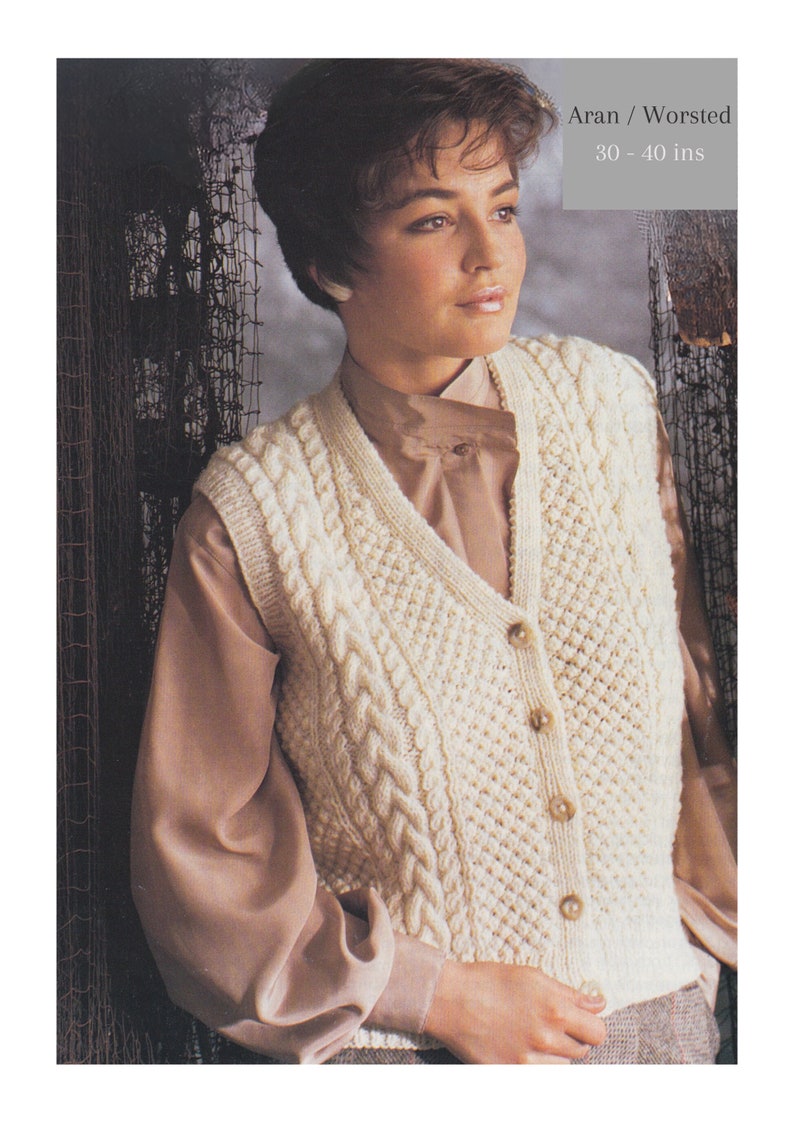Ladies Aran Waistcoat Knitting Pattern Women's Cable Knit Sleeveless ...