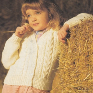 Girl's Cardigan Knitting Pattern Girls Aran Cable Cardigan V-neck 6 ...