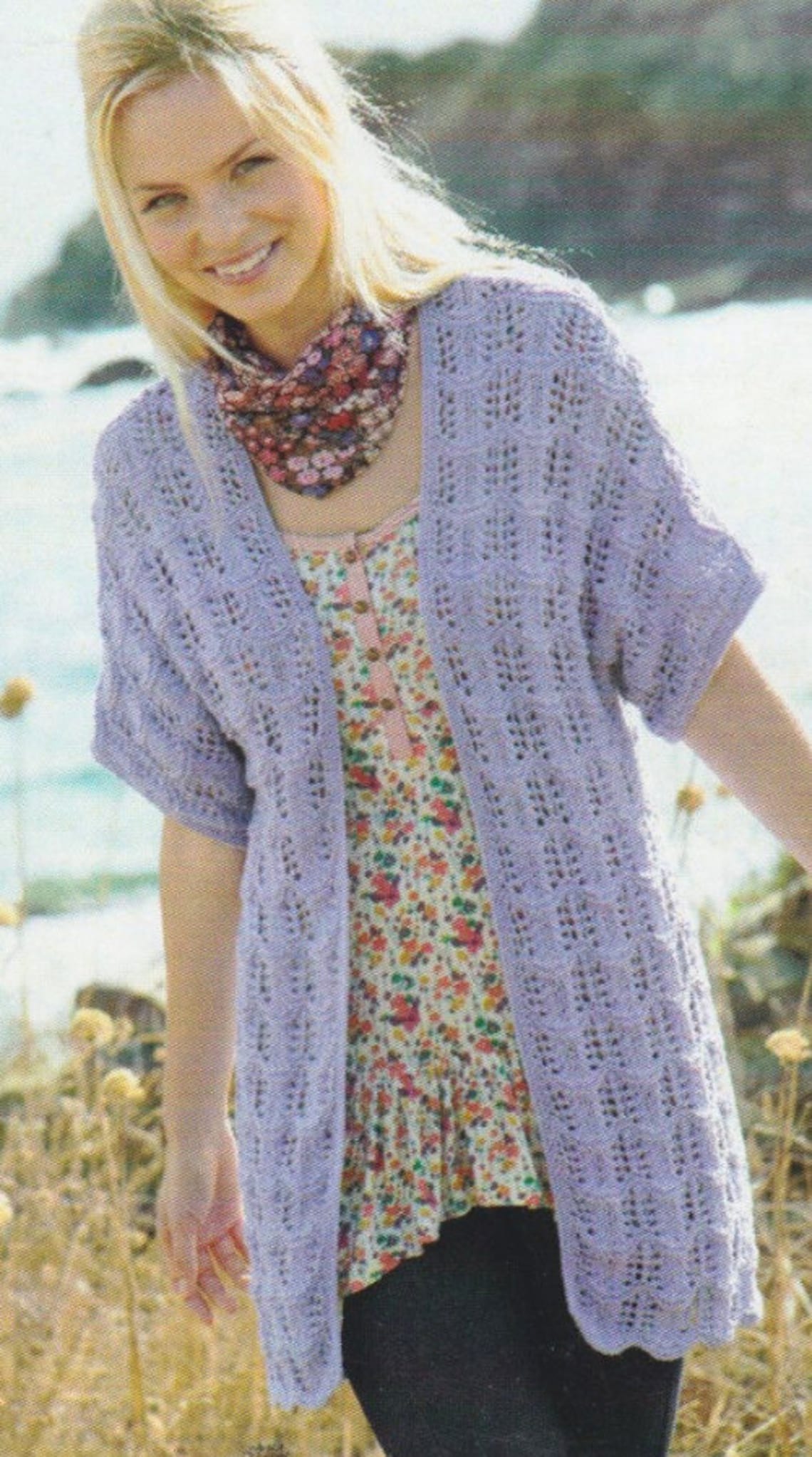 Short Sleeve Summer Cardigan Knitting Pattern Fan & Feather DK / 8 Ply Womens Cardigan to 54 Ins ...