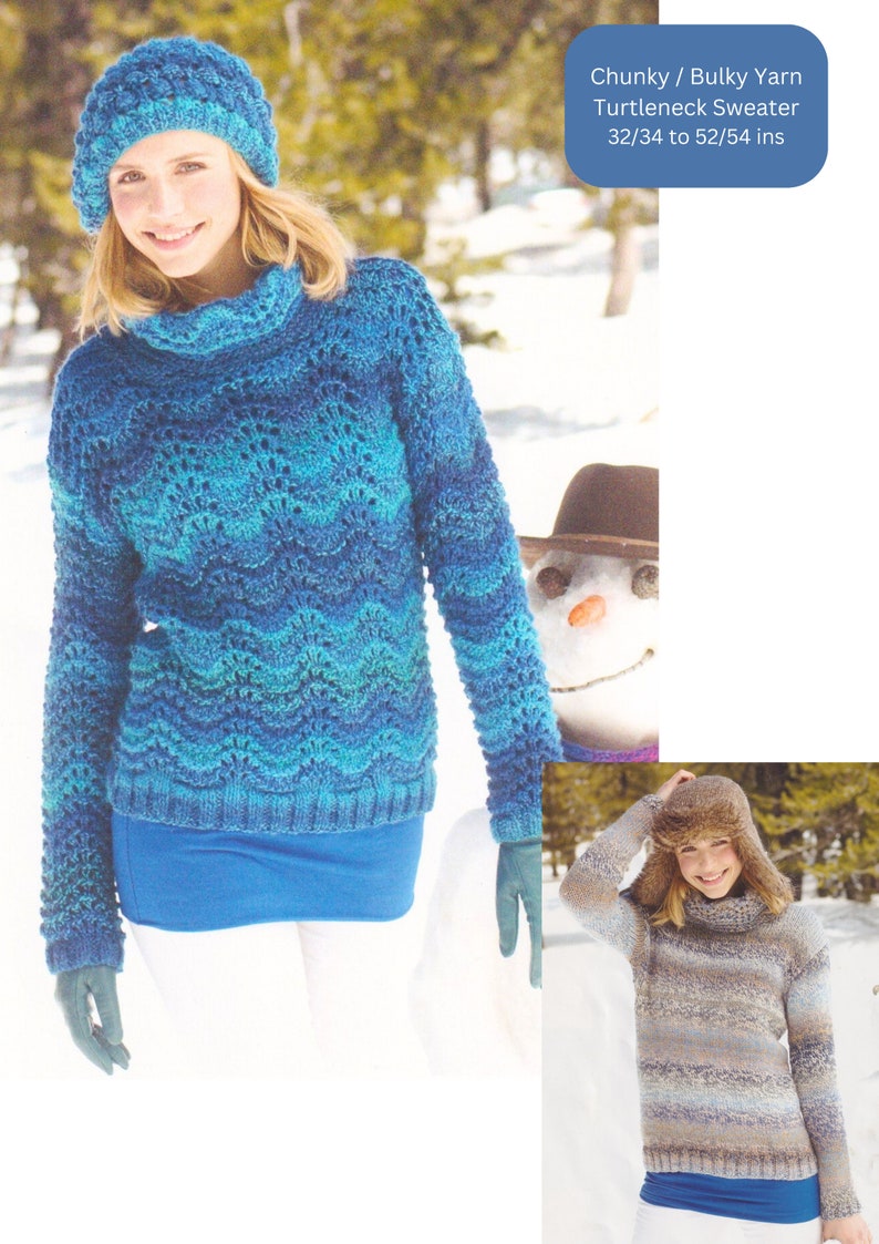 Ladies Chunky Sweater Knitting Pattern Turtleneck Bulky Yarn Womens ...
