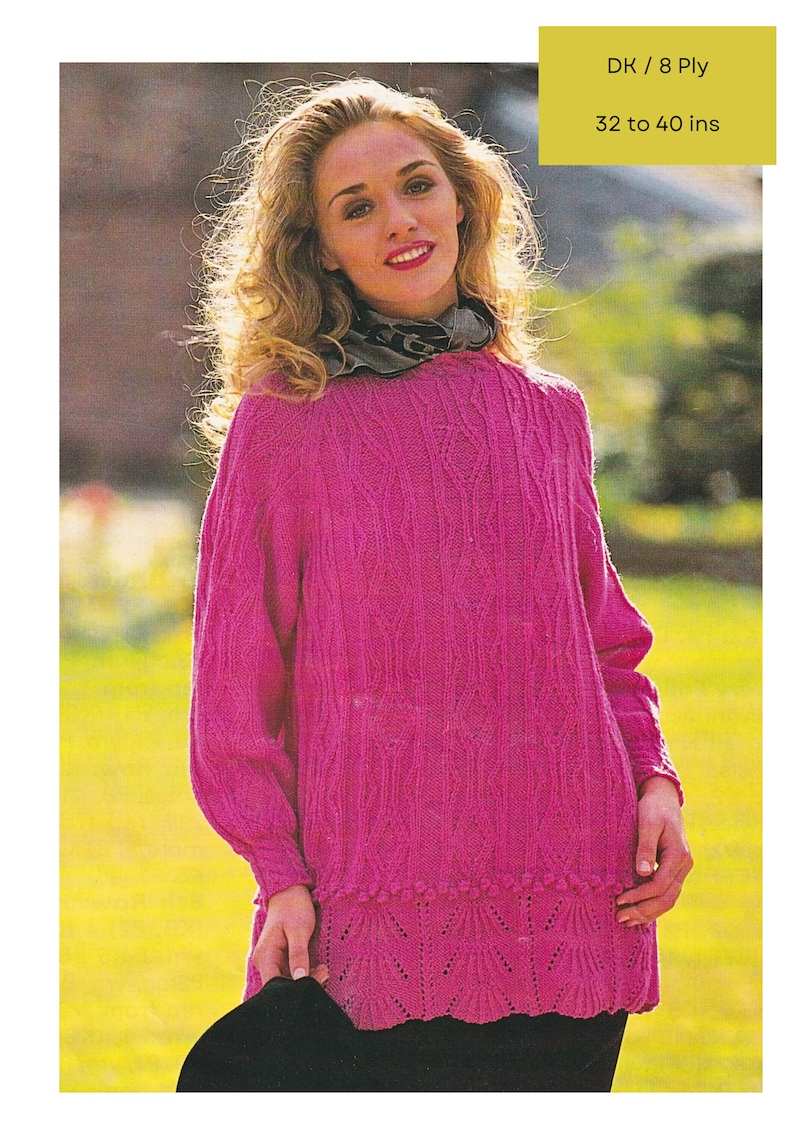 Womens Long Sweater Knitting Pattern Cable and Fan Design DK / 8ply ...