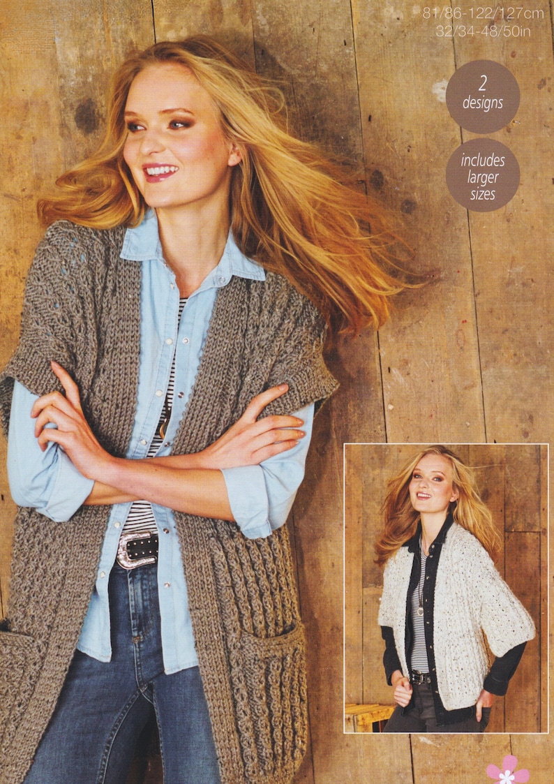 Ladies Cardigan & Waistcoat Knitting Pattern in Tweed Chunky Yarn ...