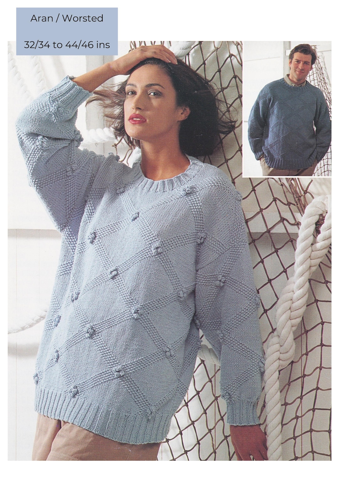 Ladies and Mens Cotton Aran Knitting Pattern Womens Sweater Jumper Aran ...