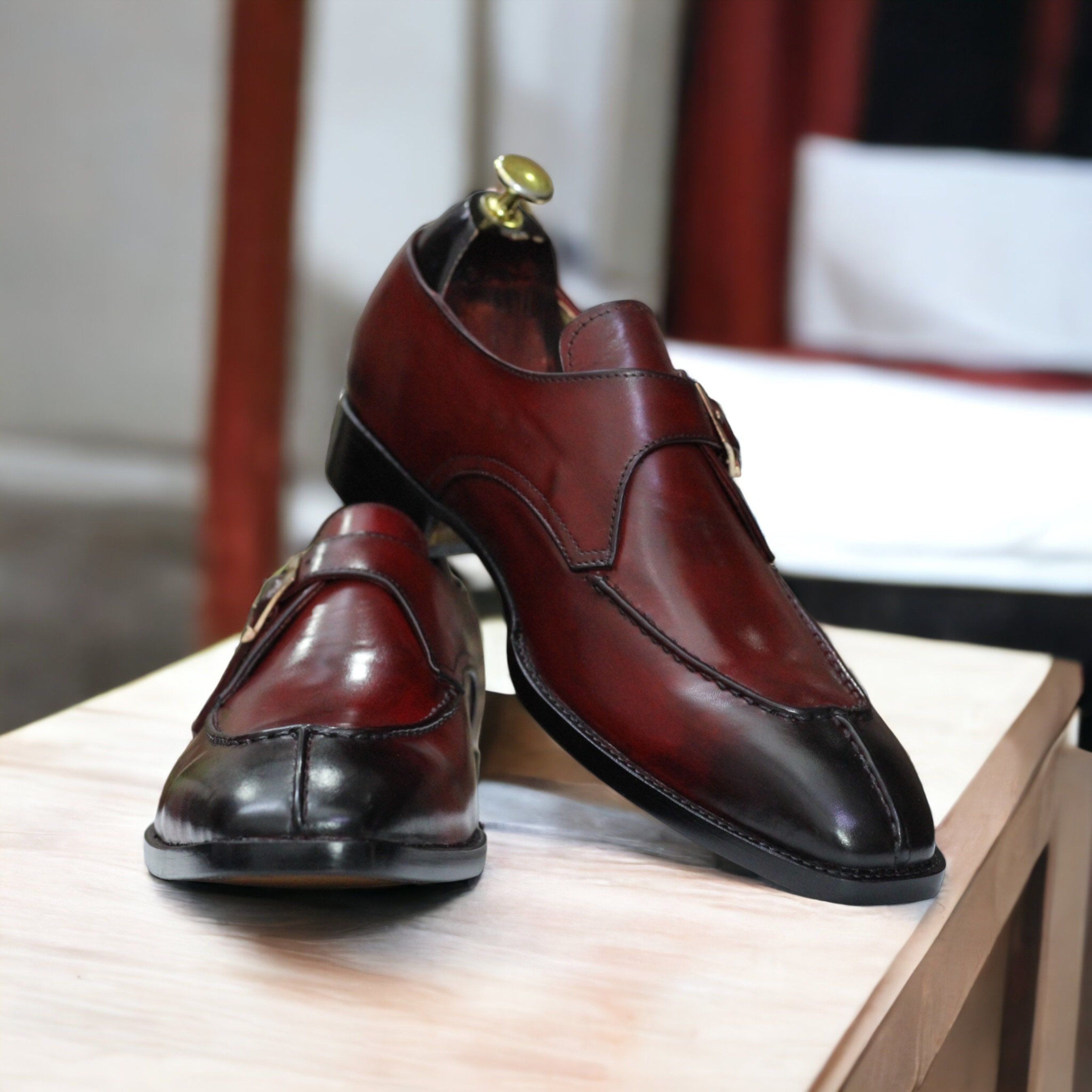 Men's Burgundy Monk Shoes Buckle Strap & Split Toe Shoes Luxury Formal ...